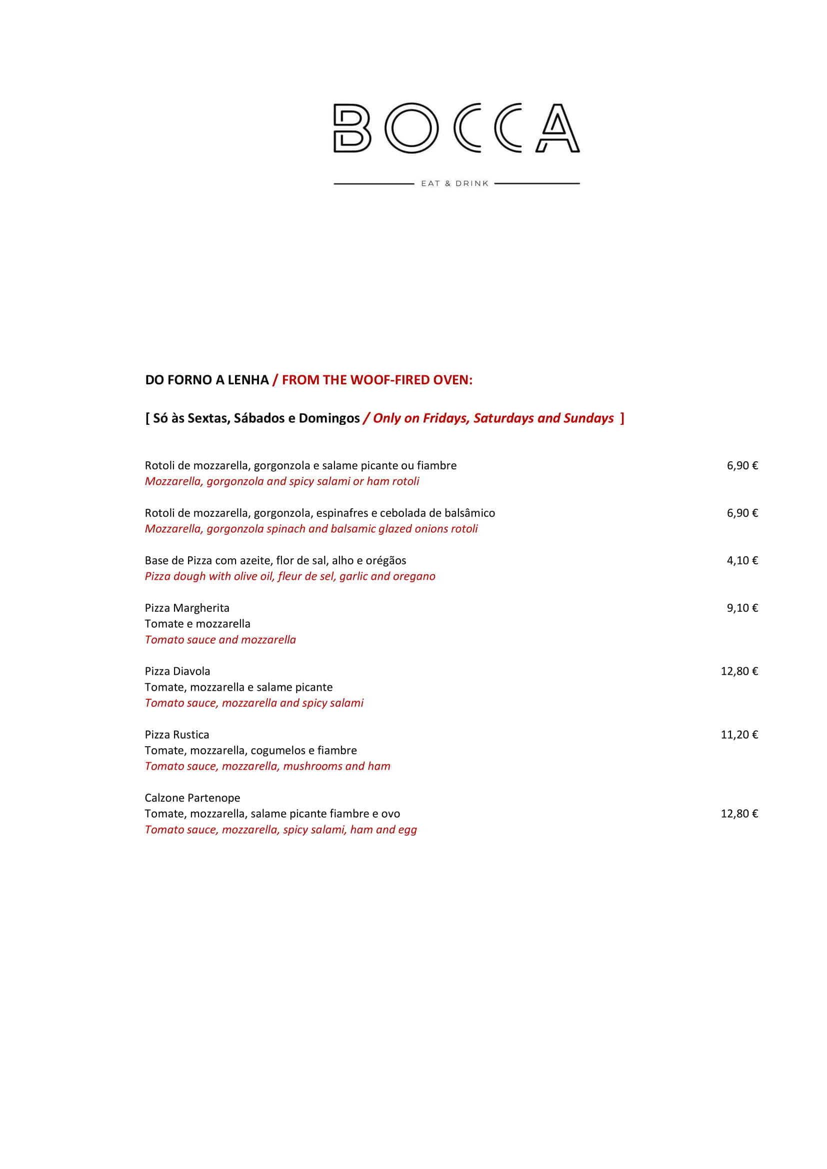 Menu em Bocca restaurante, Porto