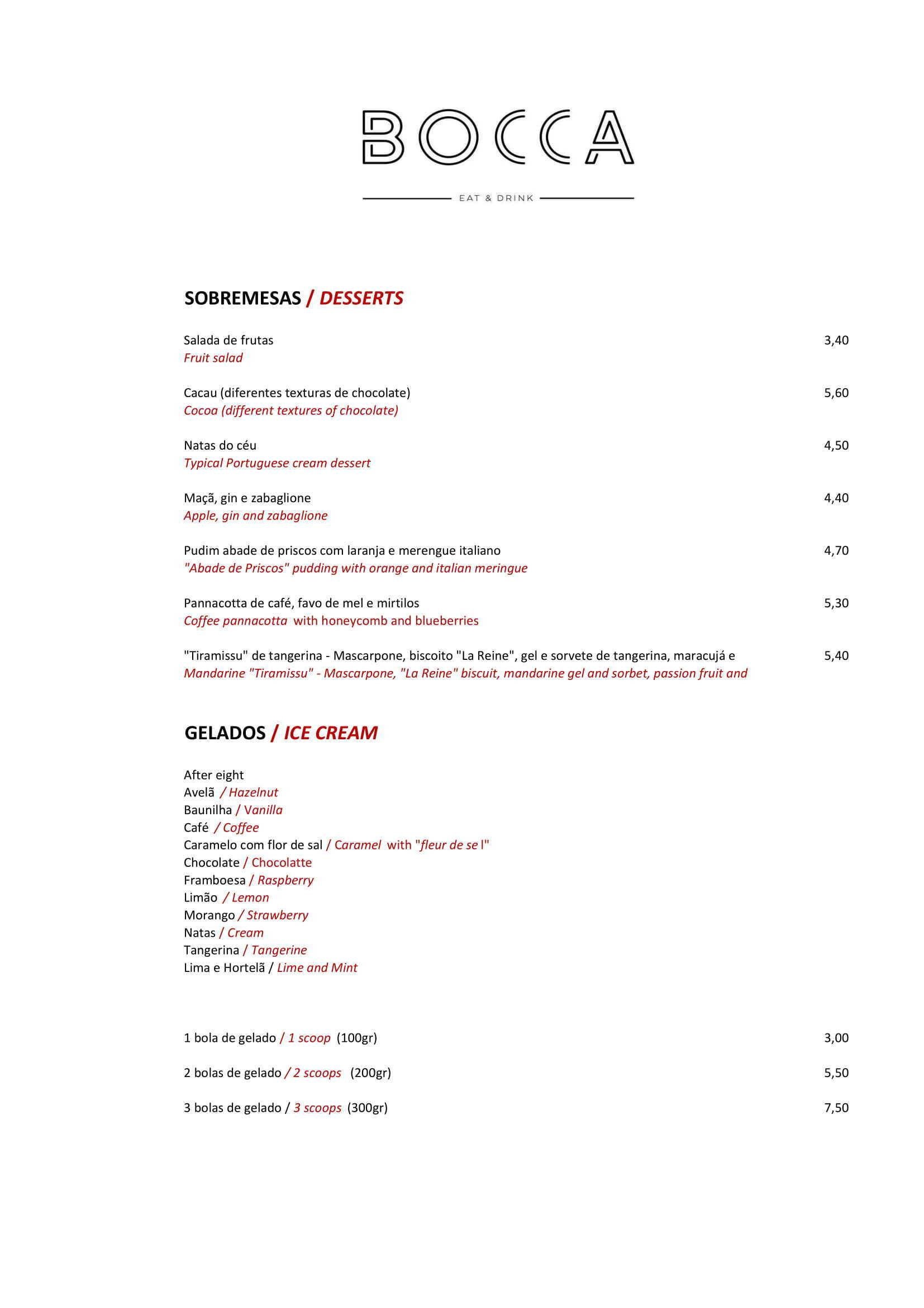 Menu em Bocca restaurante, Porto