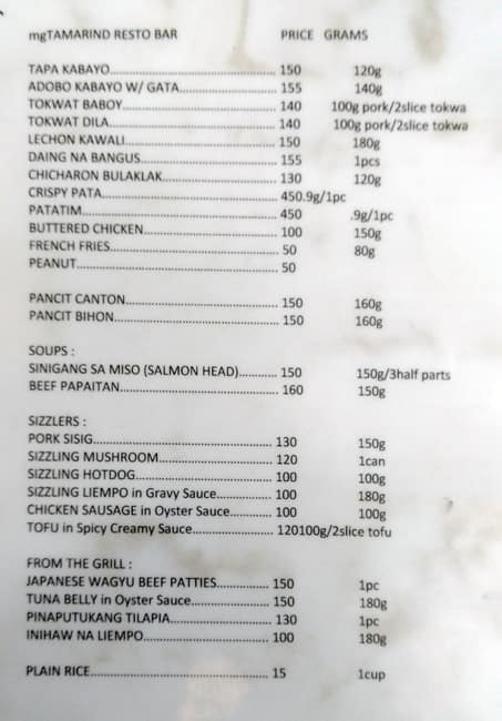 Menu at Tamarind Restobar, Manila