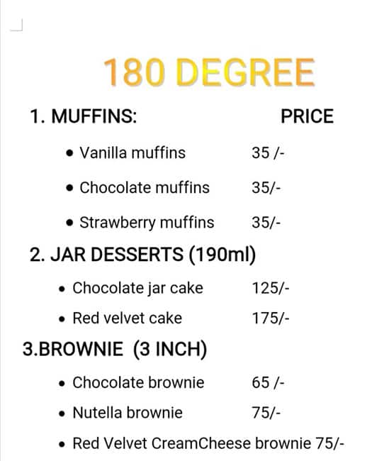 Menu of 180 Degree, Vepery, Chennai