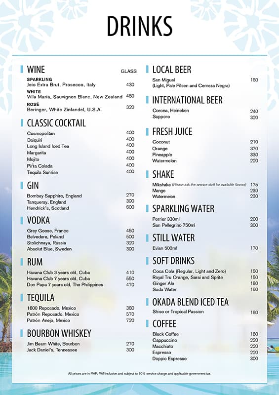Menu at Pool Bar - Okada Manila, Parañaque