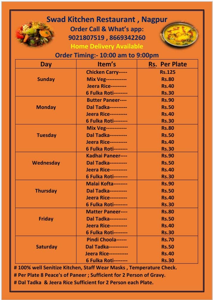 Menu of Swad Kitchen, Manish Nagar, Nagpur