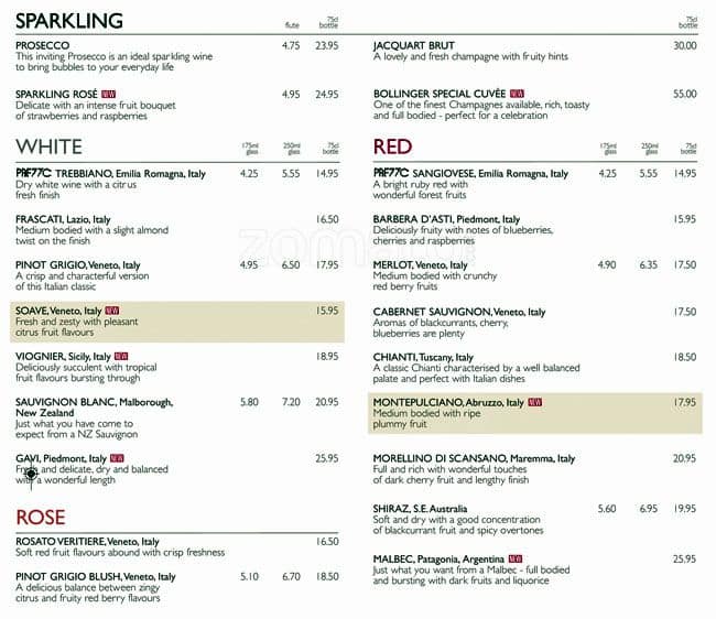 Menu at Prezzo Italian Restaurant Manchester Media City, Salford, Orange