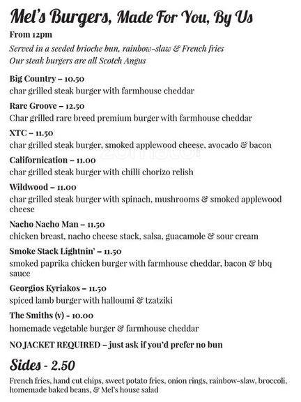 Menu at Mel's Cafe Bar, London, 573 Garratt Lane