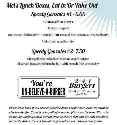 Menu at Mel's Cafe Bar, London, 573 Garratt Lane