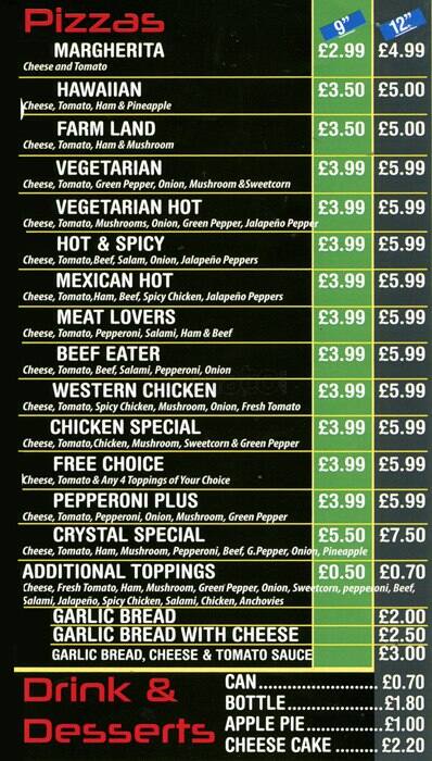 Menu at Crystal fast food, London, 433 Kenton Road