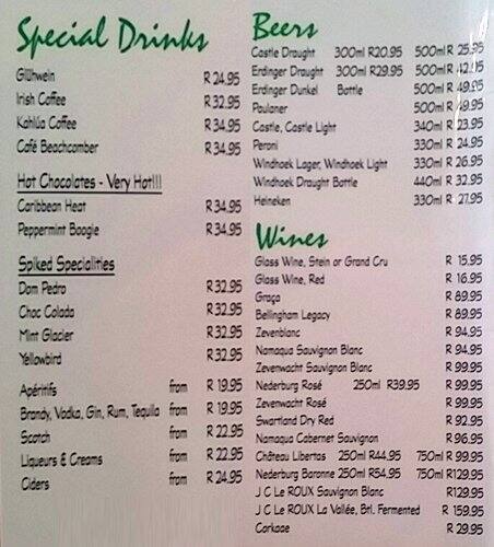 Menu at The Beachcomber Bistro restaurant, Cape Town