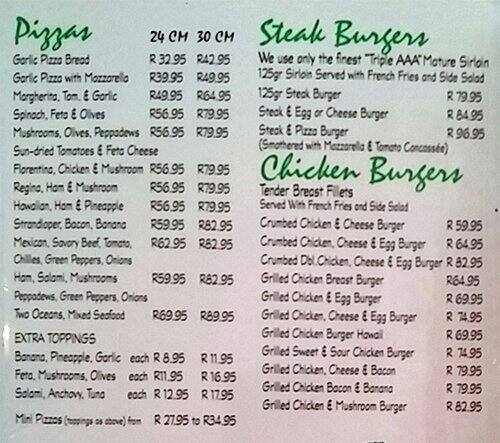 Menu at The Beachcomber Bistro restaurant, Cape Town