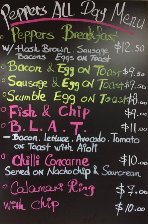 Menu at Peppers Cafe, Auckland