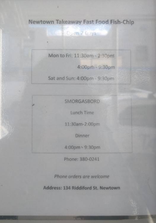 Menu at Newtown Takeaway restaurant, Wellington