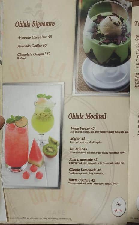 Menu at OHLALA cafe, Jakarta, Kota Kasablanka