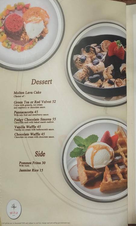 Menu at OHLALA cafe, Jakarta, Kota Kasablanka