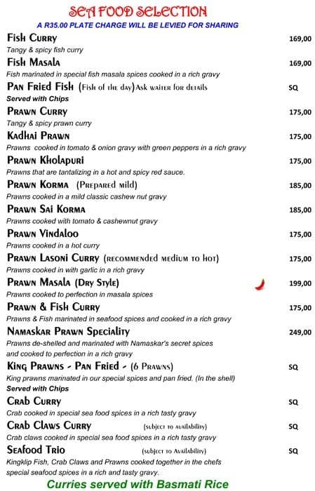 Menu at Namaskar Restaurant, Pretoria