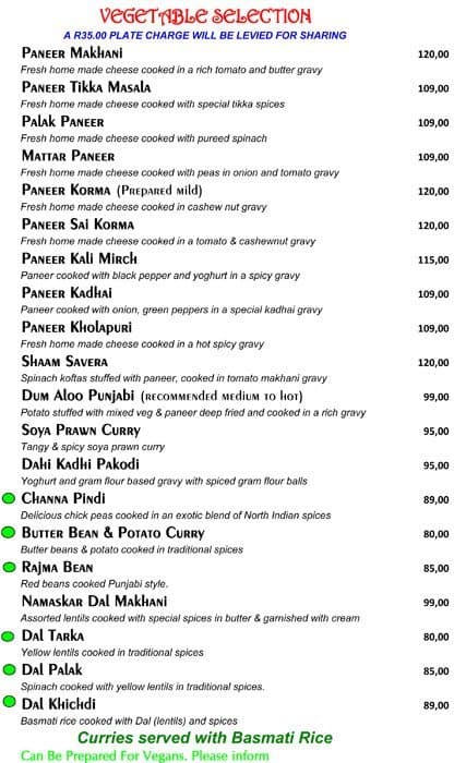 Menu at Namaskar Restaurant, Pretoria