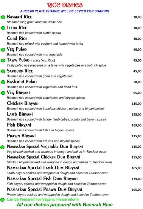 Menu au Namaskar Restaurant, Pretoria