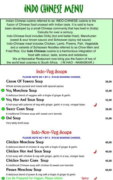 Menu at Namaskar Restaurant, Pretoria