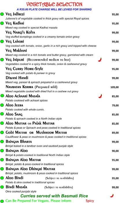 Menu at Namaskar Restaurant, Pretoria