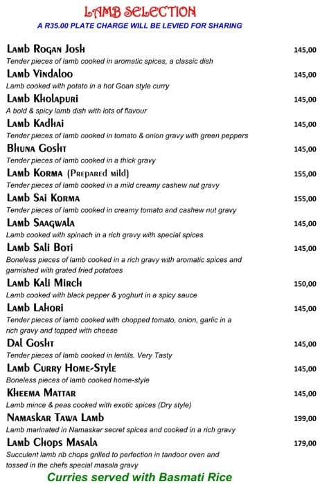 Menu at Namaskar Restaurant, Pretoria