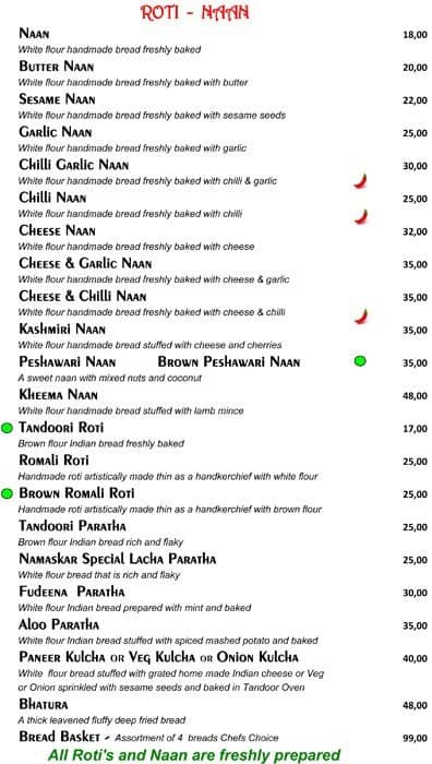 Menu au Namaskar Restaurant, Pretoria