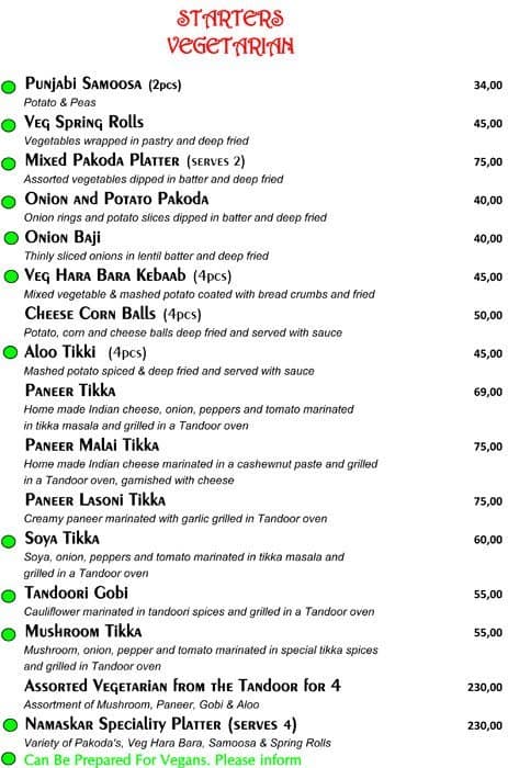 Menu au Namaskar Restaurant, Pretoria