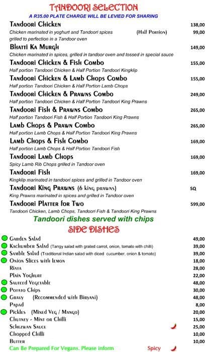 Menu at Namaskar Restaurant, Pretoria