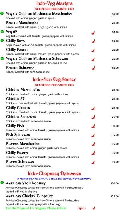 Menu at Namaskar Restaurant, Pretoria