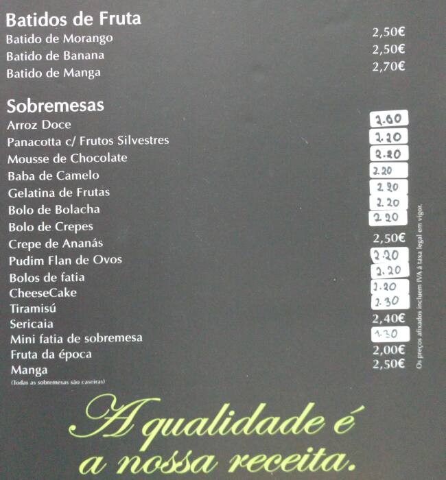Menu at Pastelaria Doce Pecado cafeteria, Lisbon