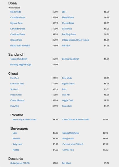 Menu at Bombay Chaat and Dosa restaurant, Mississauga, Shepard Ave