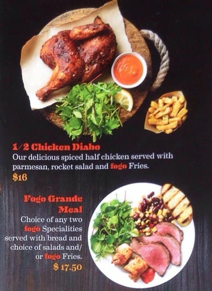 Menu at Fogo Brazilian Churrasco restaurant, Bondi Beach