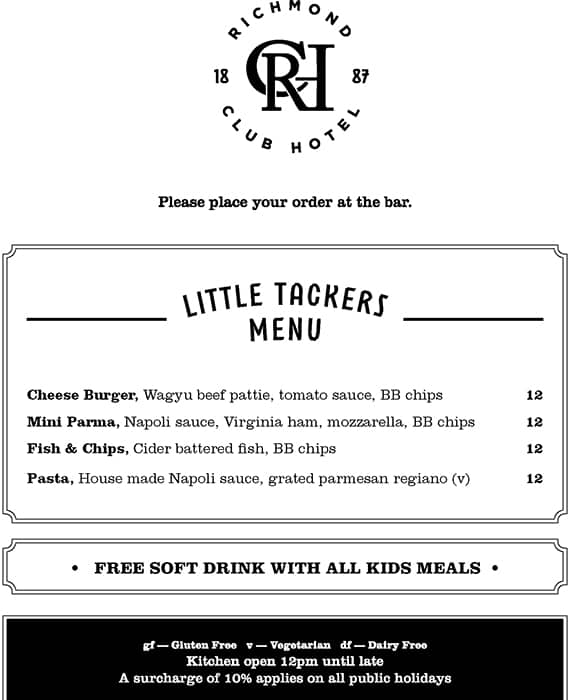 Menu at Richmond Club Hotel, Richmond