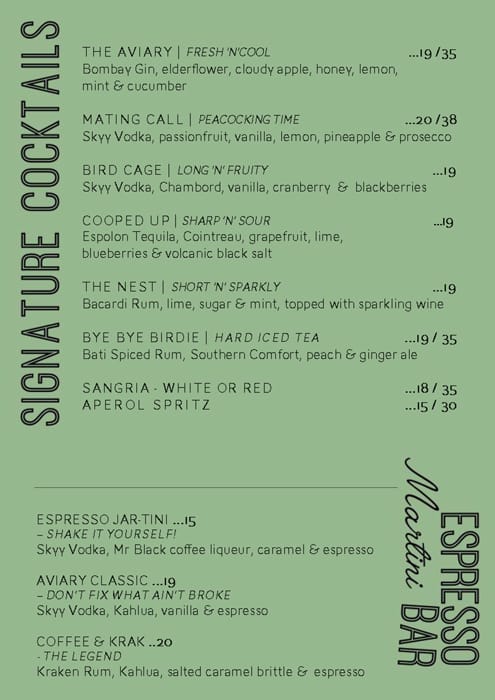 Menu at The Aviary Perth pub & bar, Perth