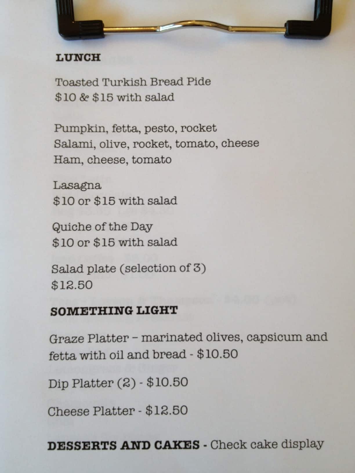 Menu at The Natimuk Cafe, Natimuk