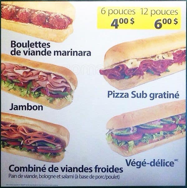 Menu at Subway fast food, Gatineau, 20 Du