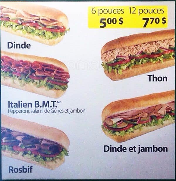 Menu at Subway fast food, Gatineau, 20 Du