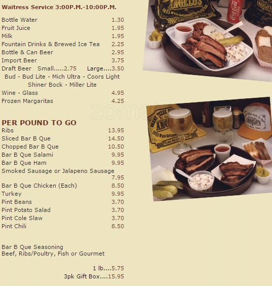 Menu at Angelo's Bar-B-Que, Fort Worth