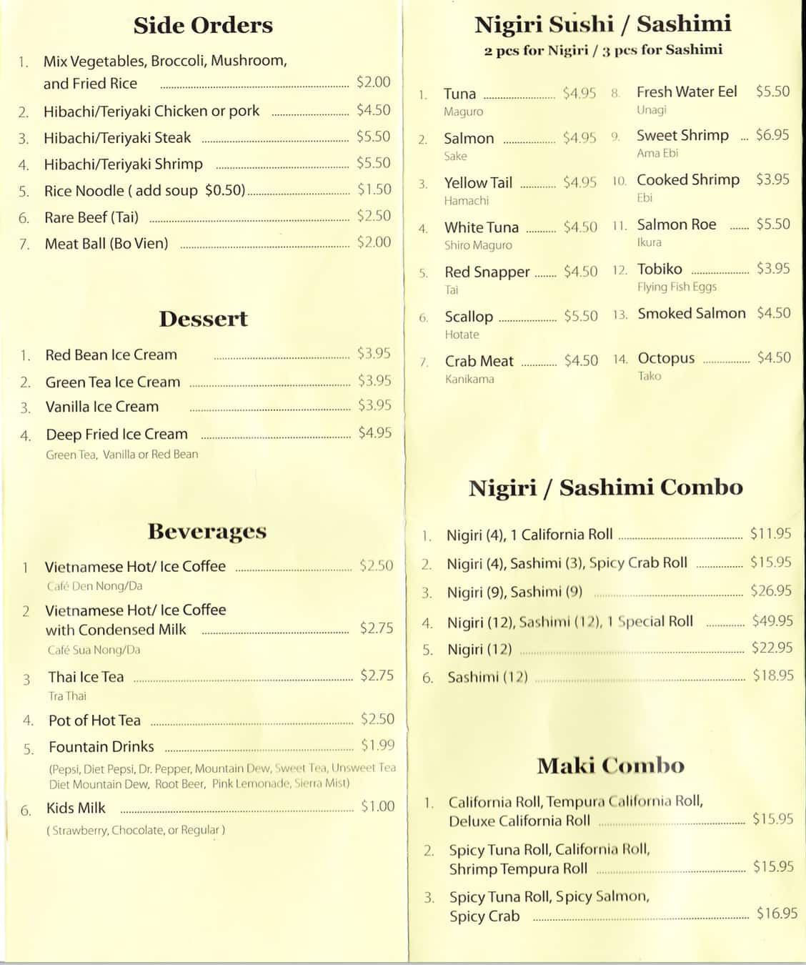 Menu at Phở Shiki restaurant, Columbus