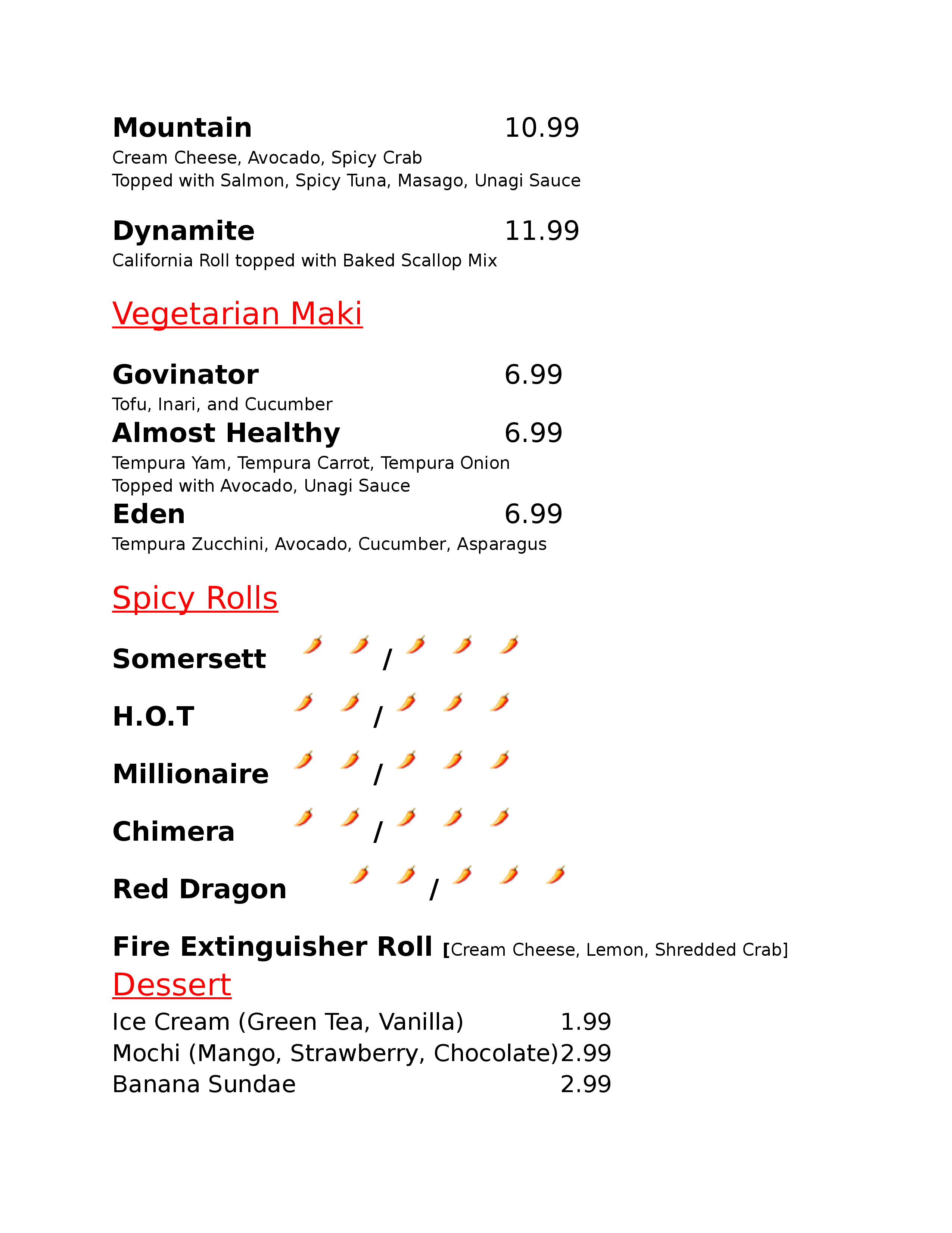 Menu at Sakana restaurant, Reno, town Square Ln