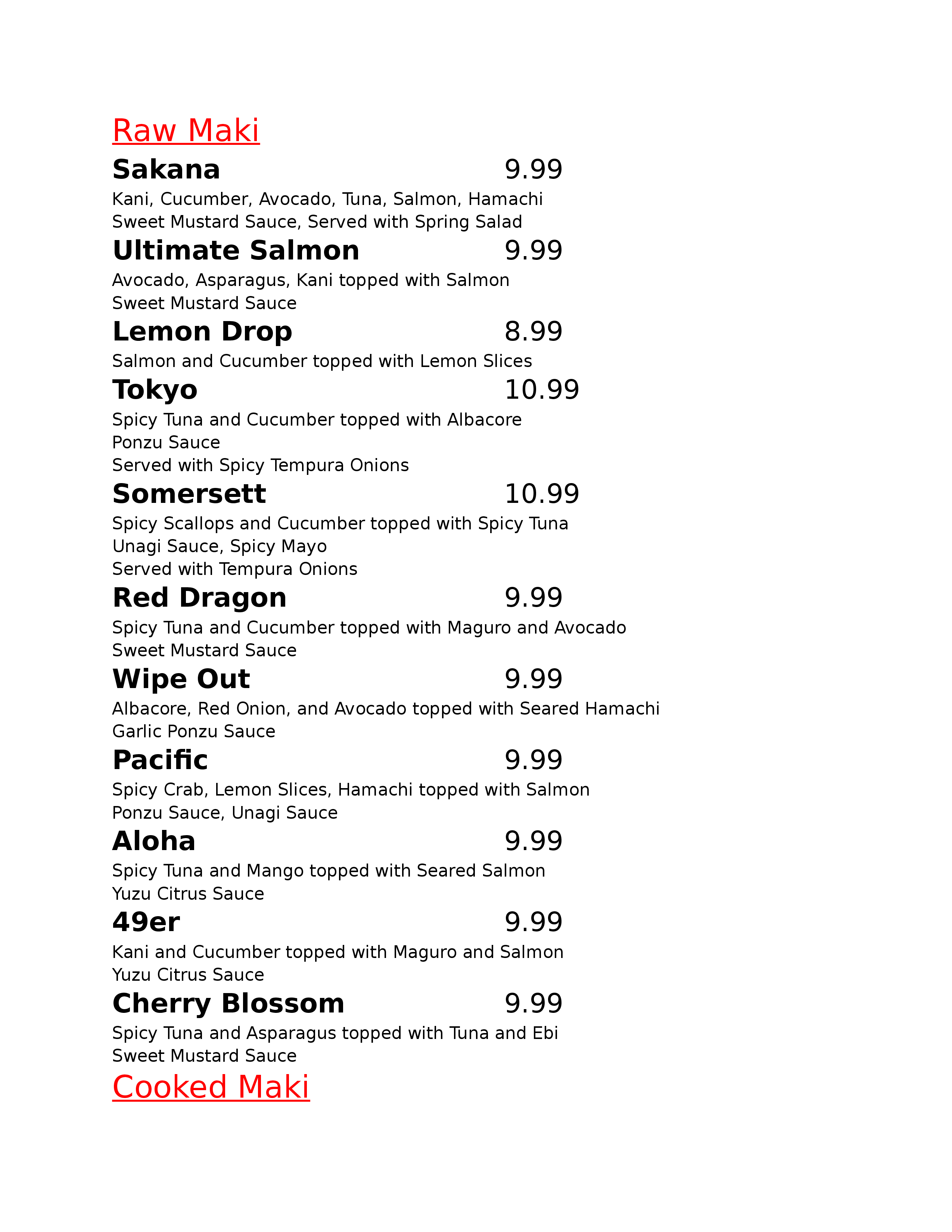 Menu at Sakana restaurant, Reno, town Square Ln