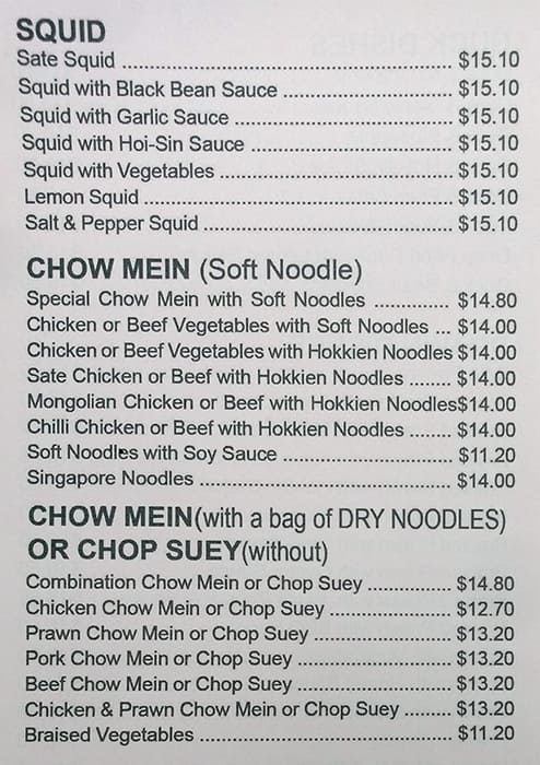 Menu at Young's Cafe Chinese Restaurant, Springwood