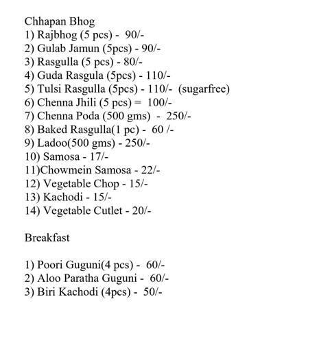 Menu of Chhapan Bhog, Whitefield, Bangalore