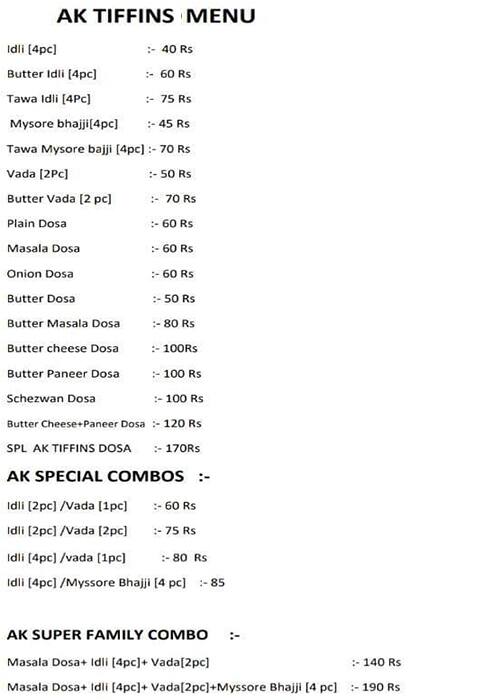 Menu of AK Tiffins, Tolichowki, Hyderabad