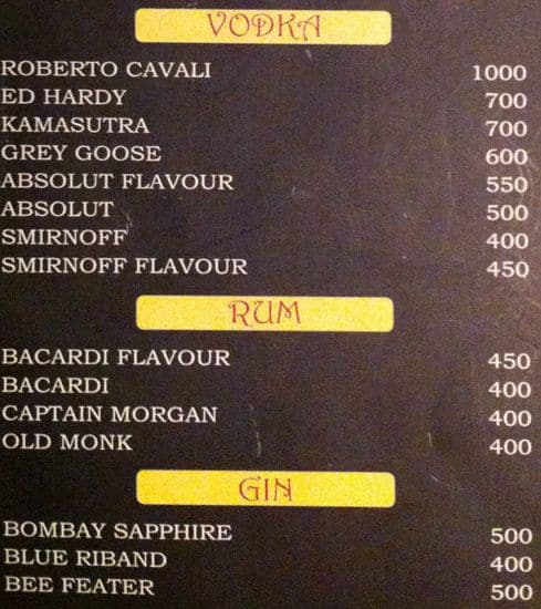 Menu at Club Escape, Mumbai, Infiniti Mall