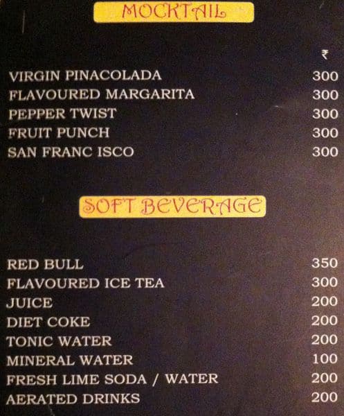 Menu at Club Escape, Mumbai, Infiniti Mall