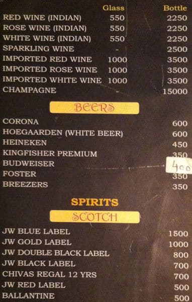 Menu at Club Escape, Mumbai, Infiniti Mall