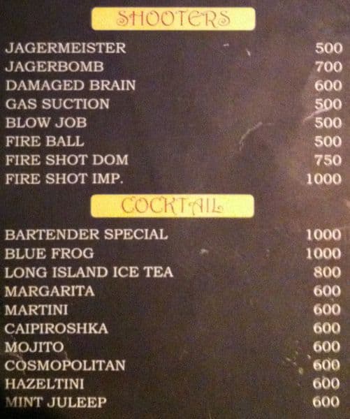 Menu at Club Escape, Mumbai, Infiniti Mall