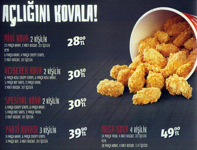 Menu at KFC restaurant, Istanbul, İş Holding