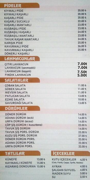 Menu at Onur Iskender, Istanbul, İnönü Cd. No:41