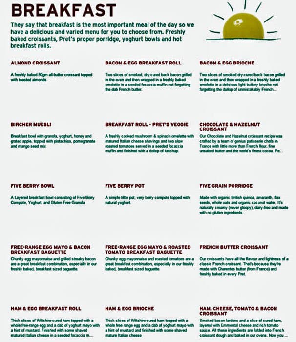 Menu at Pret A Manger fast food, London, London City Airport