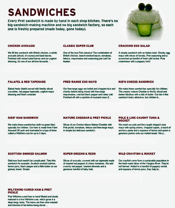 Menu at Pret A Manger fast food, London, London City Airport