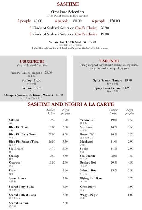 Menu at Chisou Sushi and Izakaya restaurant, London